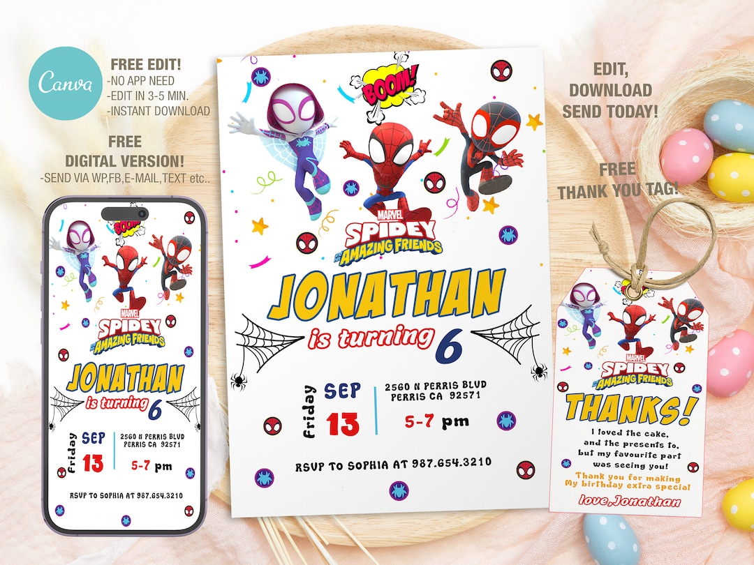 Editable Spidey and His Amazing Friends Birthday Invitation Template ...