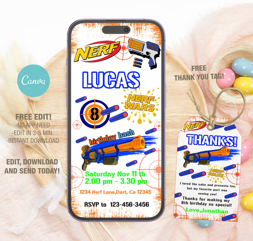 Editable Mobile Nerf Birthday Invitation Template, Birthday Party ...