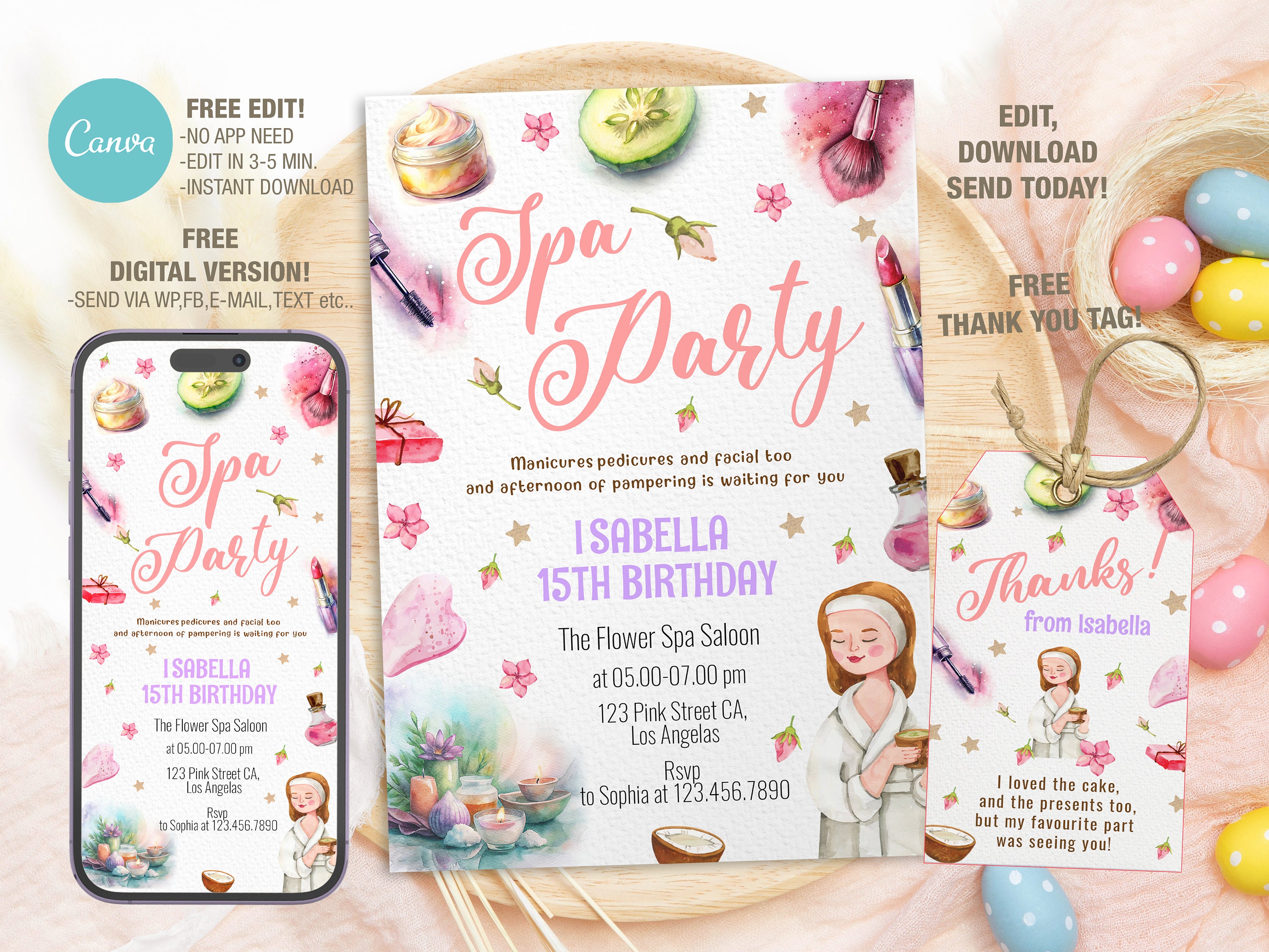 Editable Spa Party Birthday Invitation Template, Printable Birthday ...