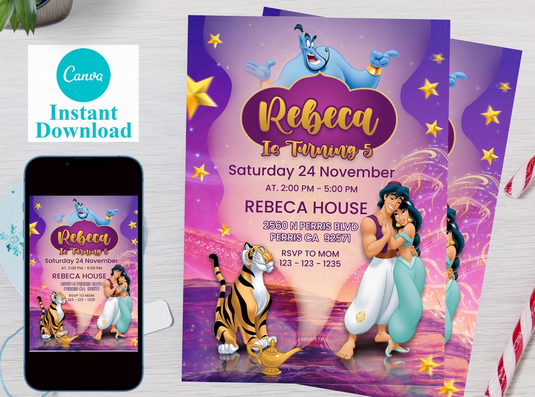 Editable Jasmine & Aladdin Birthday Invitation Template, Printable ...