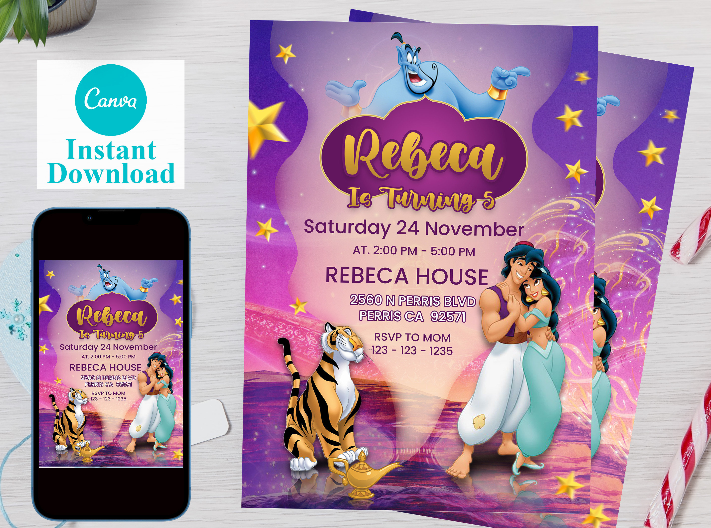 Editable Jasmine & Aladdin Birthday Invitation Template, Printable ...