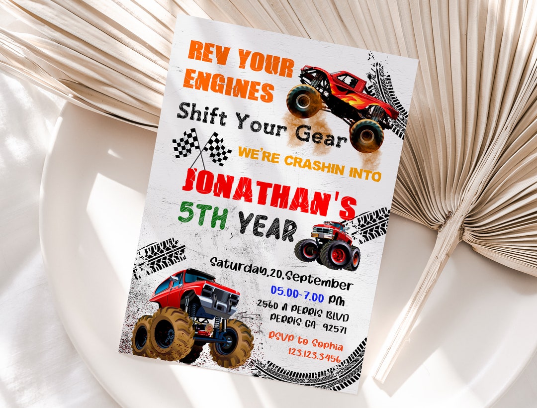 Editable Monster Truck Birthday Invitation Template, Printable Birthday ...