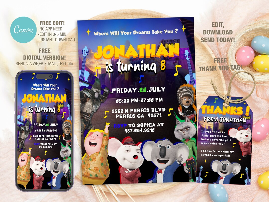 Editable Sing 2 Birthday Invitation Template, Printable Birthday Party ...