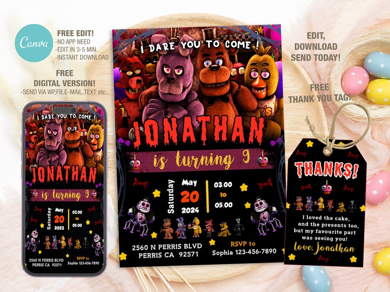 Editable Five Nights at Freddys Birthday Invitation Template, Printable ...
