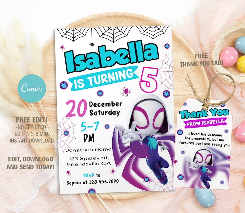 Ghost Spider Birthday Invitation, Printable Spidey Gwen Party Invite ...