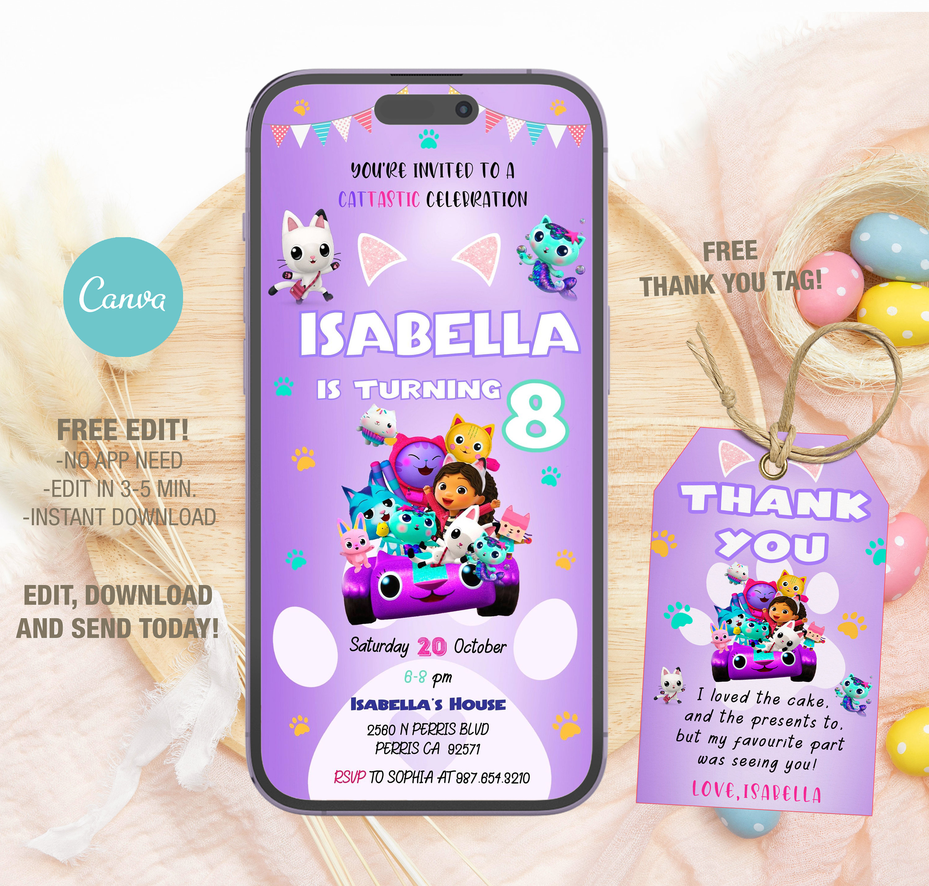 Editable Mobile Gabbys Dollhouse Birthday Invitation Template, Birthday ...