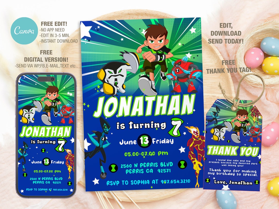 Editable Ben 10 Birthday Invitation Template, Printable Ben10 Birthday ...
