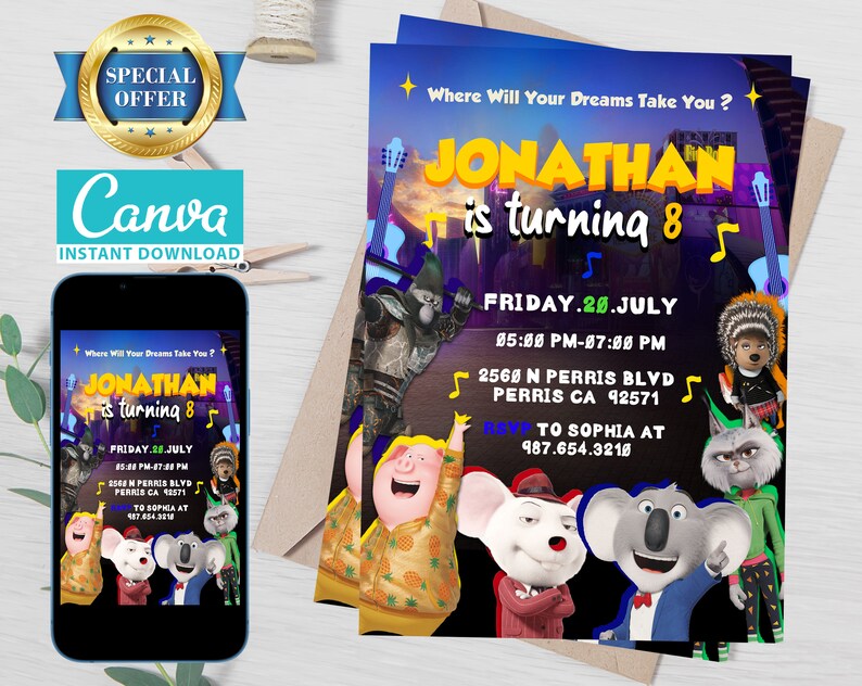 Editable Sing 2 Birthday Invitation Template, Printable Birthday Party ...