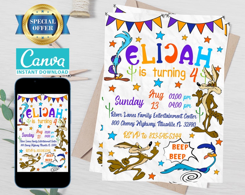 Editable Looney Tunes, Wile E. Coyote and the Road Runner Birthday ...