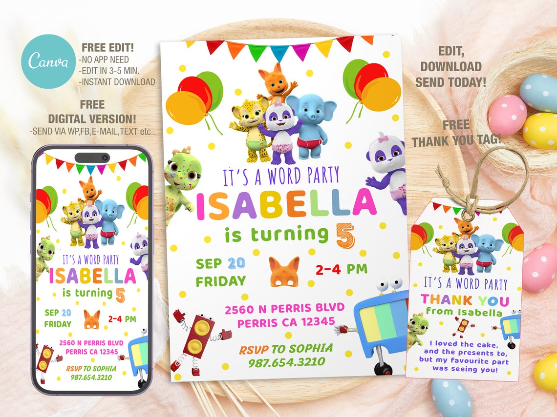 Editable Word Party Birthday Invitation, Kids Bday Card (digital) - Etsy