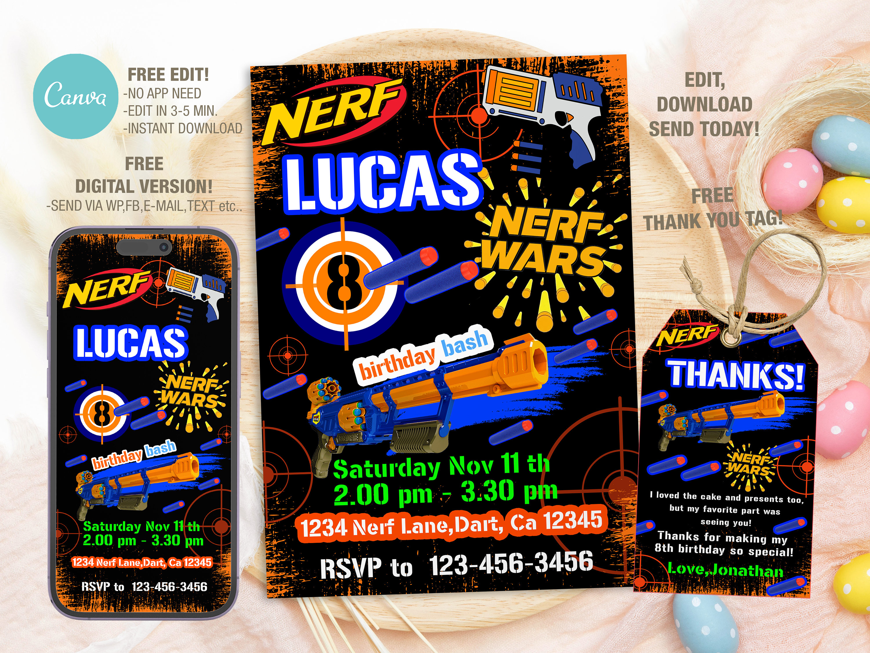 Kids Editable Nerf Birthday Invitation Template, Printable Birthday ...