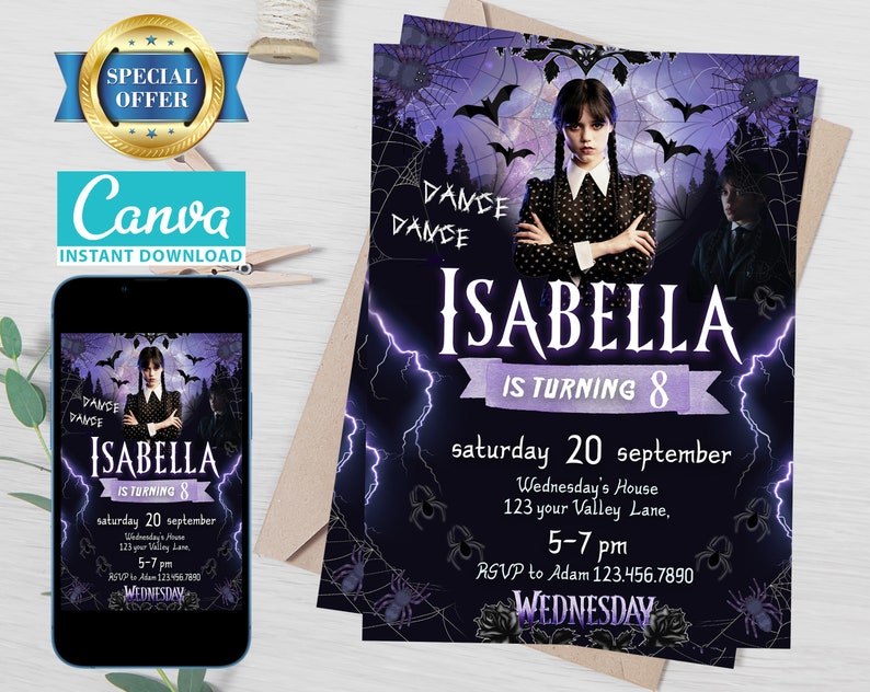 Editable Wednesday Birthday Invitation Template, Printable Wednesday ...