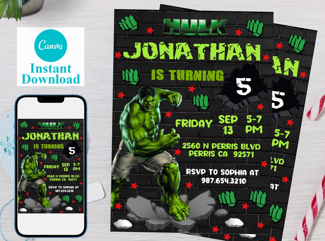 Editable Hulk Birthday Invitation, Kids Party Invite (digital Download ...