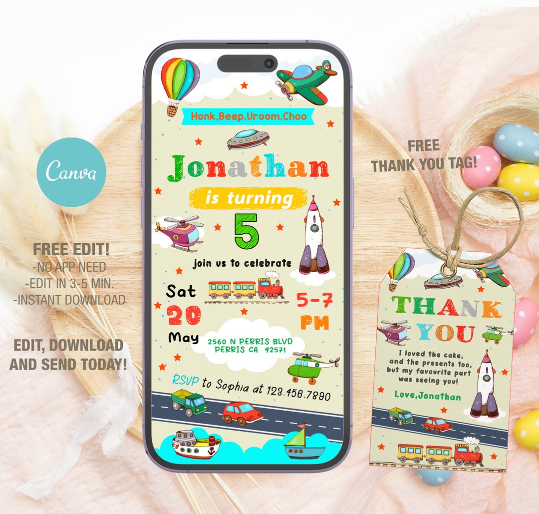 Transportation Birthday Invitation Template, Kids Evite (digital) - Etsy