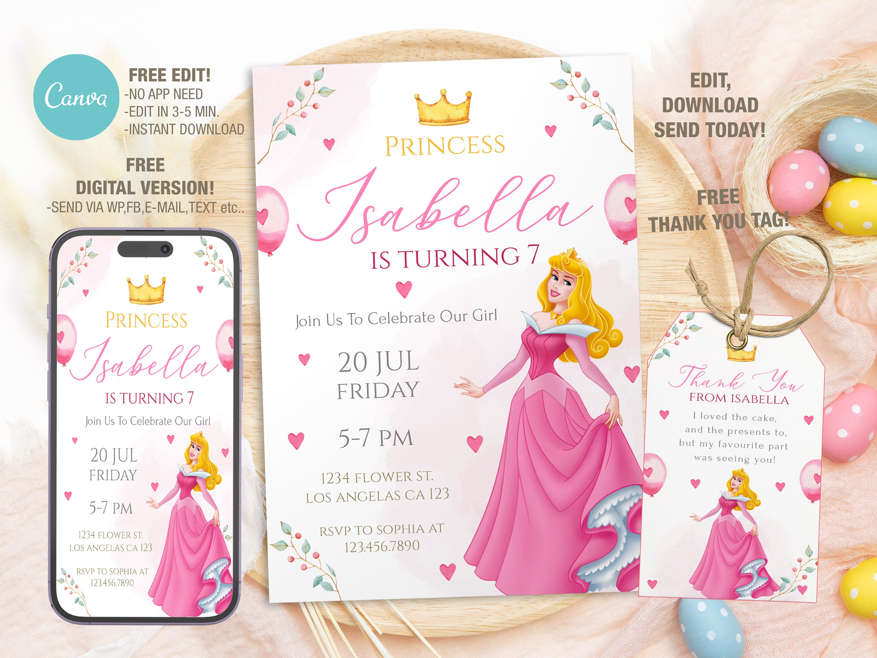 Princess Aurora Birthday Invitation Template, Printable, Editable in ...
