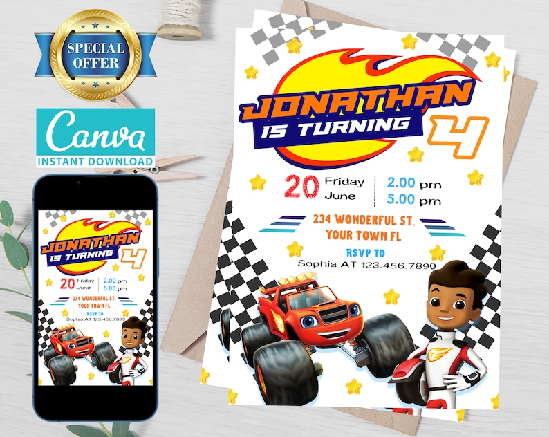 Editable Blaze and the Monster Machines Birthday Invitation Template ...