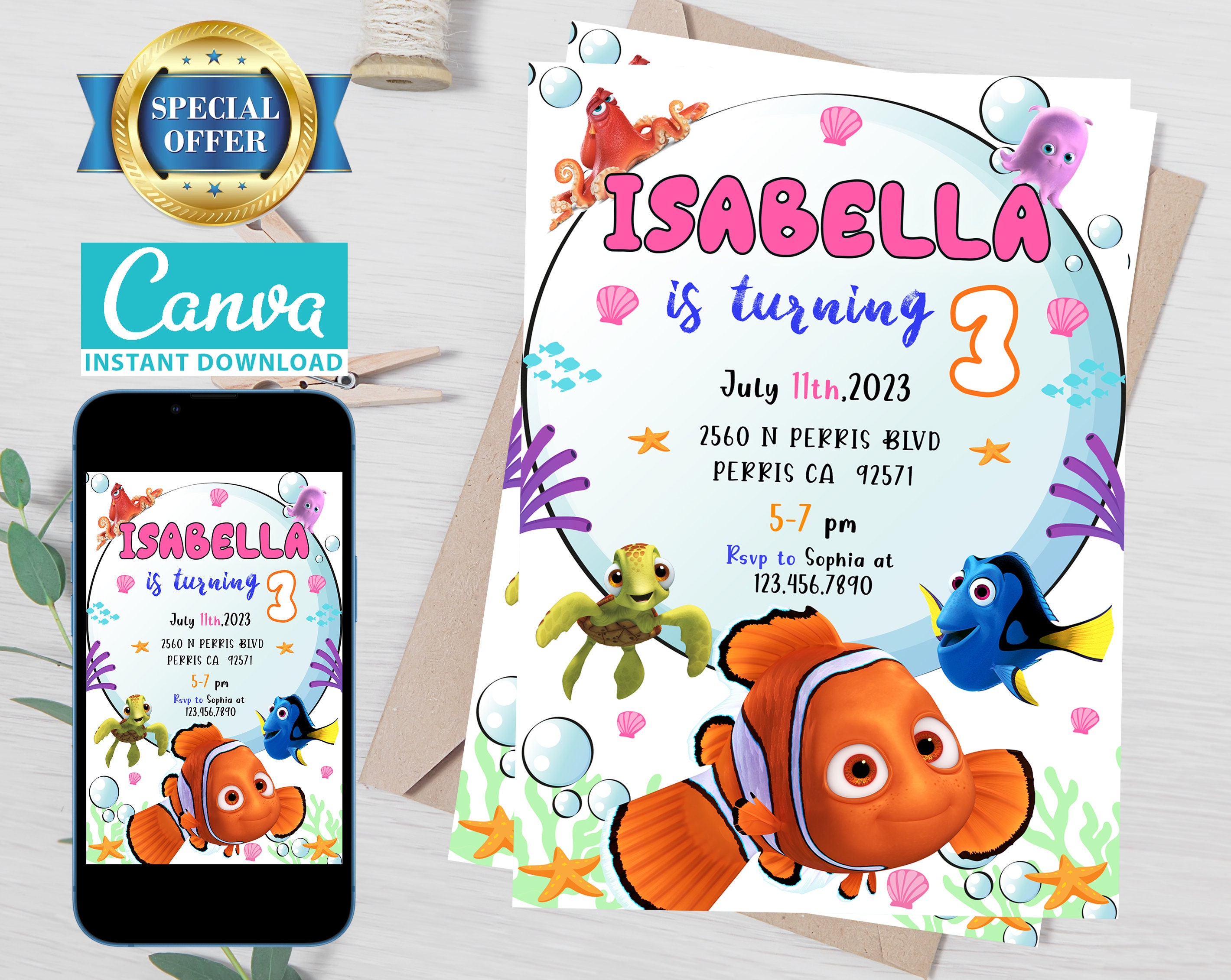 Editable Finding Nemo Birthday Invitation Template, Printable Birthday ...