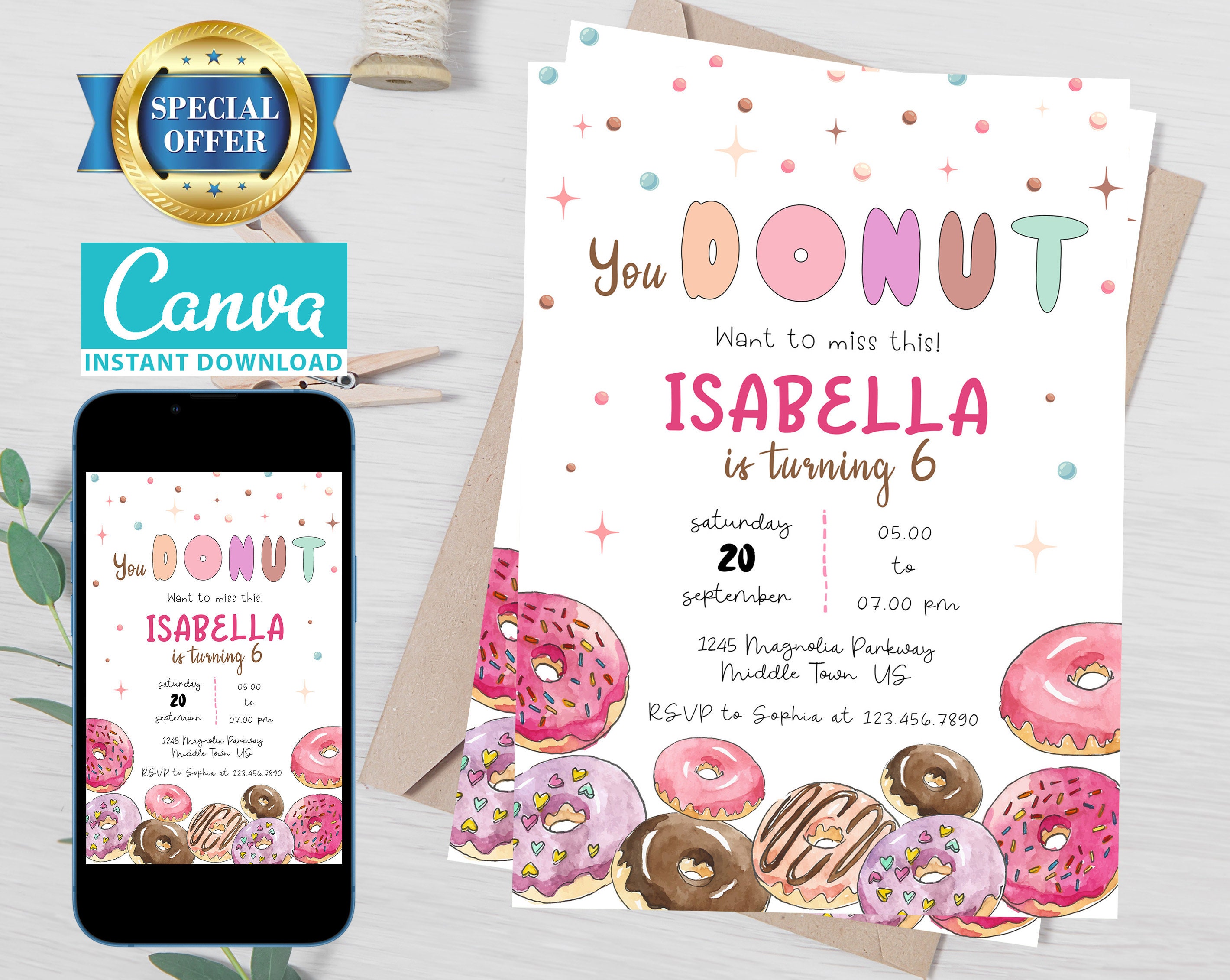 Editable Donut Birthday Invitation Template, Printable Birthday Party ...