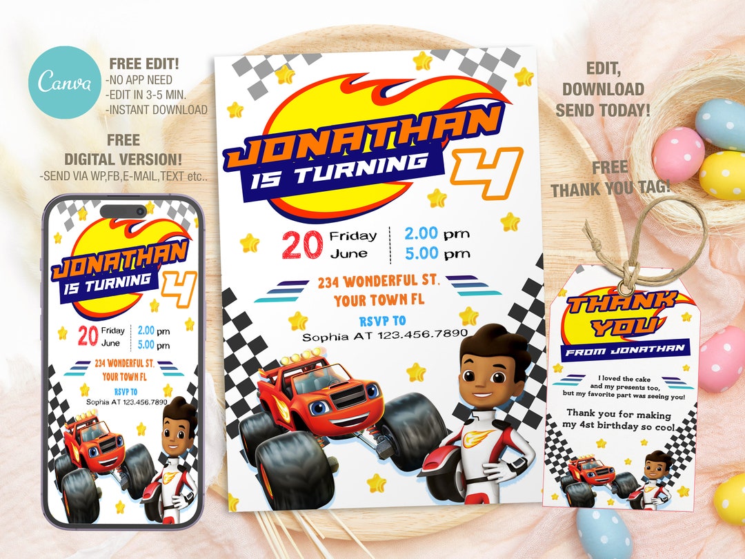 Editable Blaze and the Monster Machines Birthday Invitation Template ...