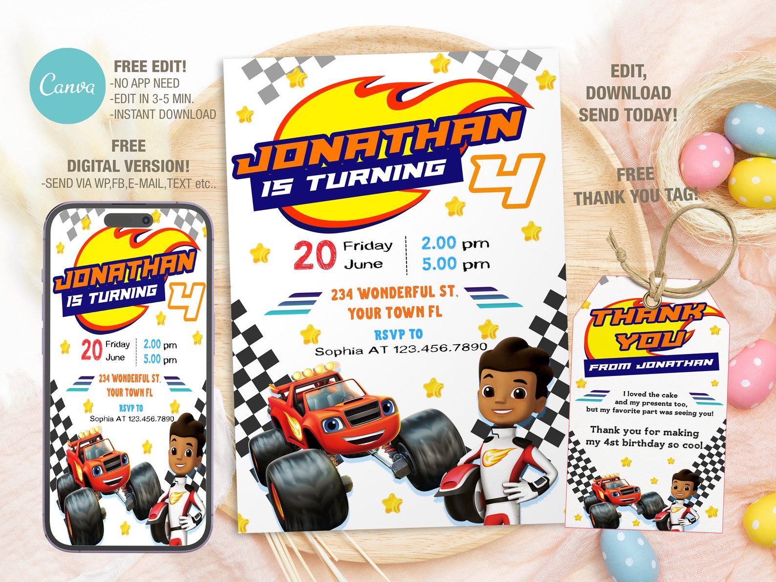 Editable Blaze and the Monster Machines Birthday Invitation Template ...