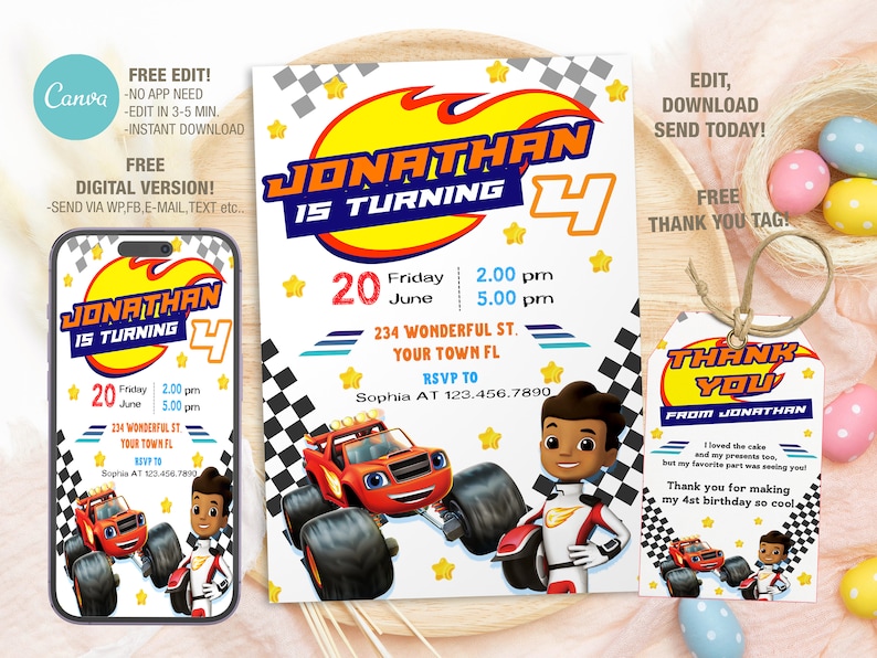 Editable Blaze and the Monster Machines Birthday Invitation Template ...