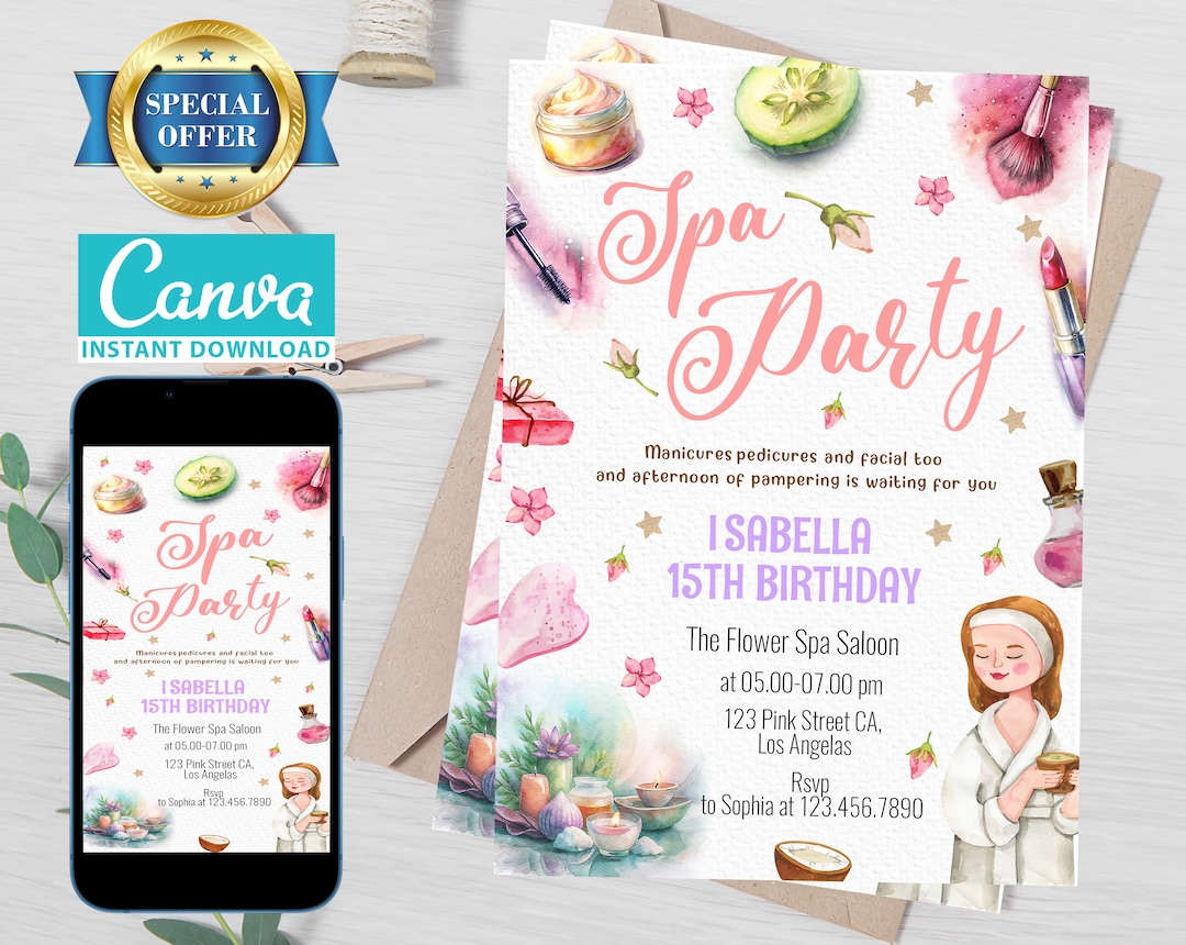 Editable Spa Party Birthday Invitation Template, Printable Birthday ...