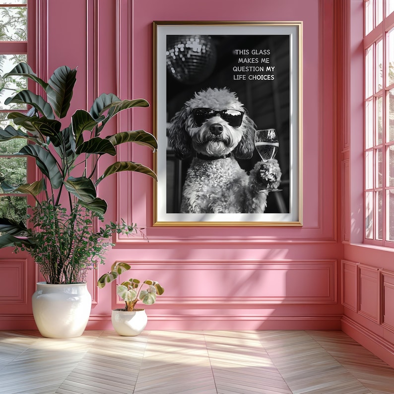 Trendy Poodle Drinking Champagne Poster, Bar Cart Decor, Black and ...