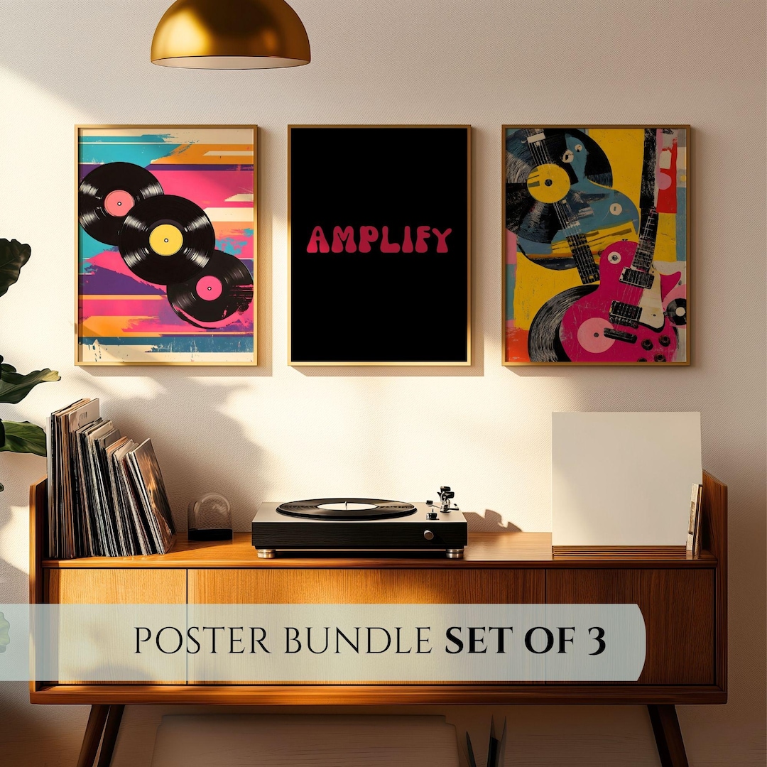 Retro Music Posters, Set of 3 Music Wall Art Prints, Vinyl Record and ...