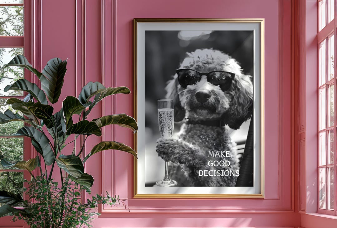 Trendy Poodle Drinking Champagne Poster, Bar Cart Decor, Black and ...