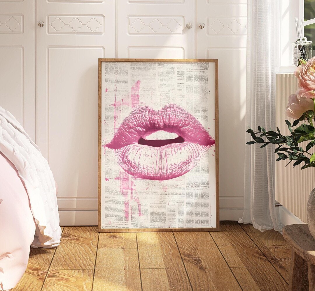 Retro Pink Lip Poster, Trendy Newspaper Poster Print, Preppy Room Decor ...