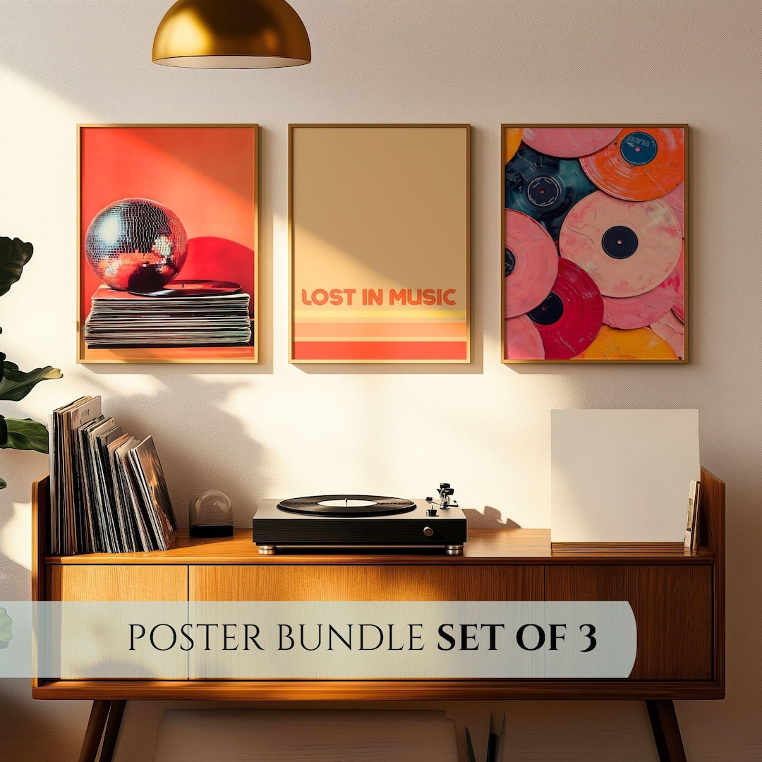 Retro Music Posters, Set of 3 Music Wall Art Prints, Disco Ball and ...