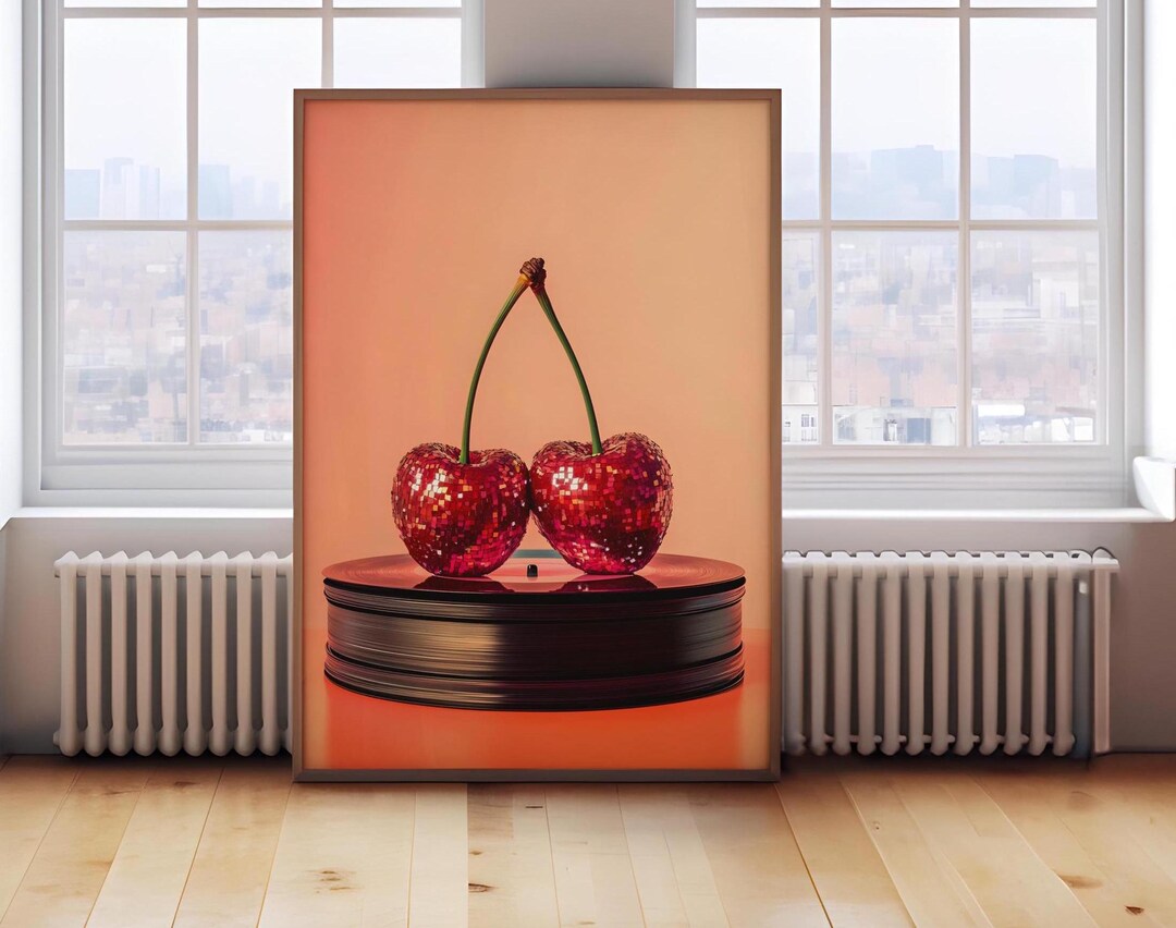 Retro Cherry Music Poster, Vintage Vinyl Wall Art, Disco Ball Funky ...