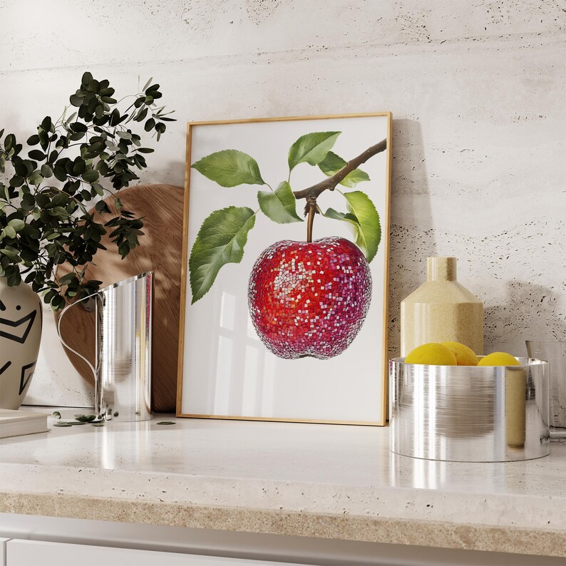 Retro Red Apple Disco Ball Print, Kitchen Print, Funky Food Home Decor ...