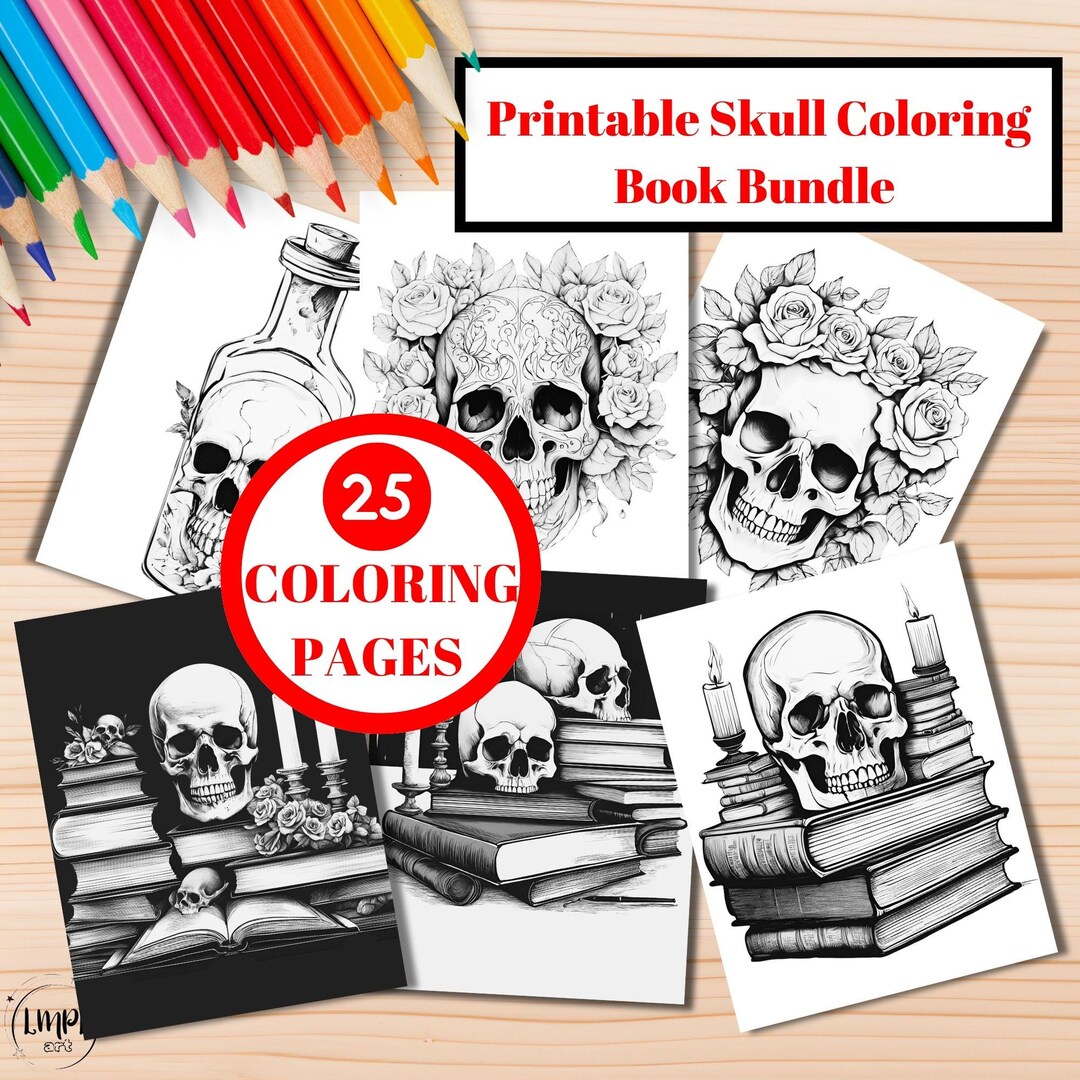25 Skull Coloring Book Bundle, Printable Coloring Book for Adults ...
