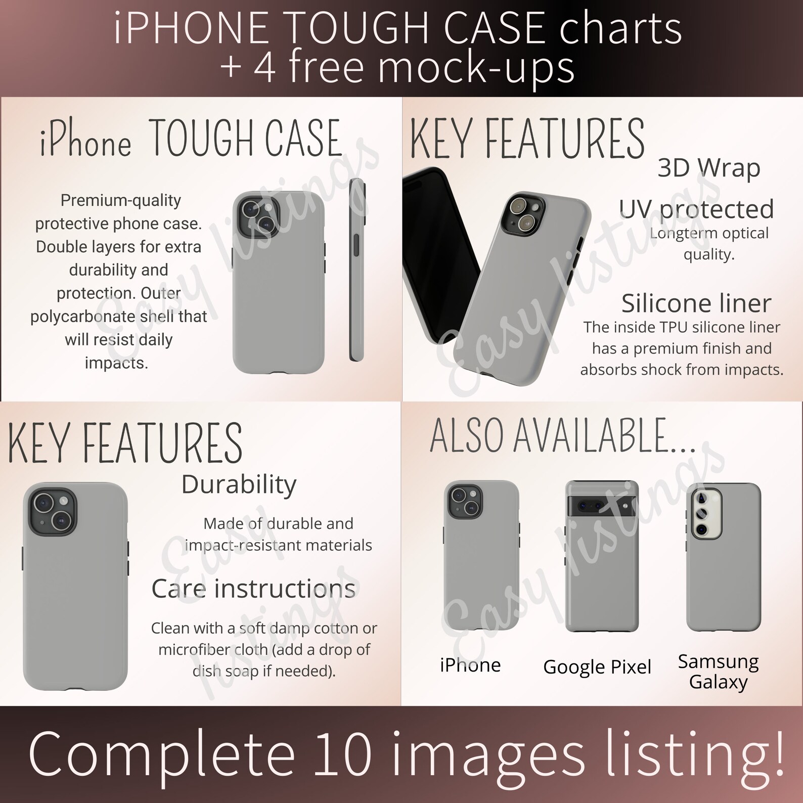 Phone Tough Case Mockup, Editable Sizing Chart, Seller Time Saver Mock ...