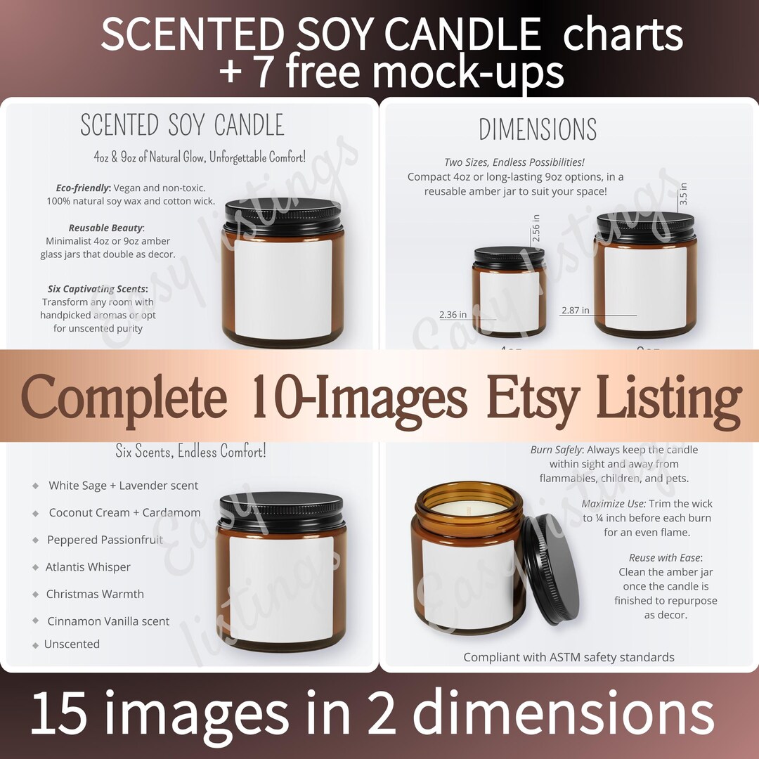 Amber Candle Mockup, Sell on Etsy Soy Candle Size Chart & Care Card ...