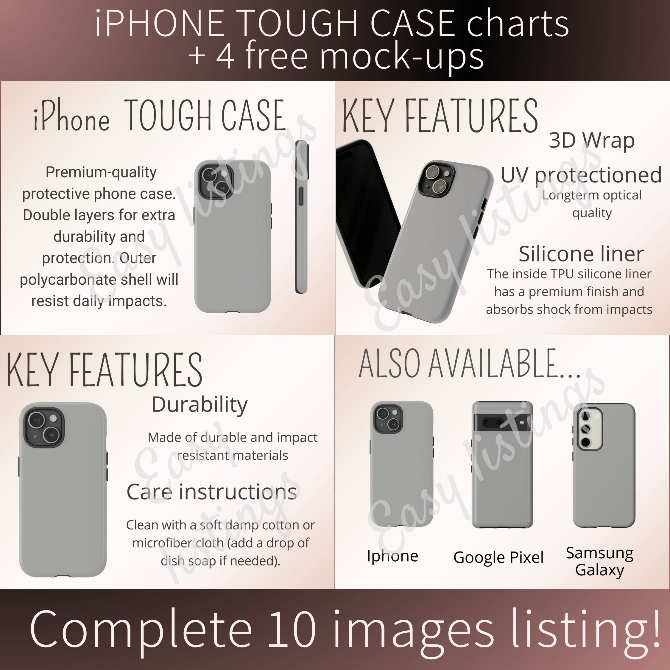 Phone Tough Case Mockup, Editable Sizing Chart, Seller Time Saver Mock ...