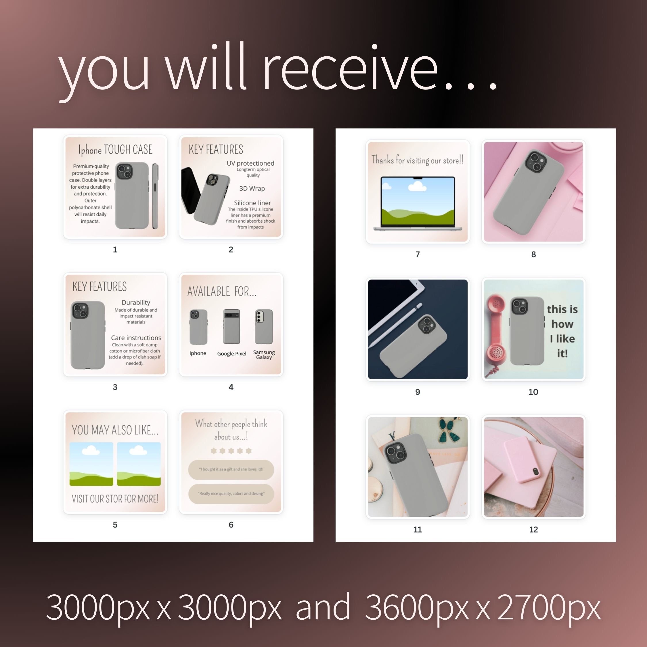 Phone Tough Case Mockup, Editable Sizing Chart, Seller Time Saver Mock ...