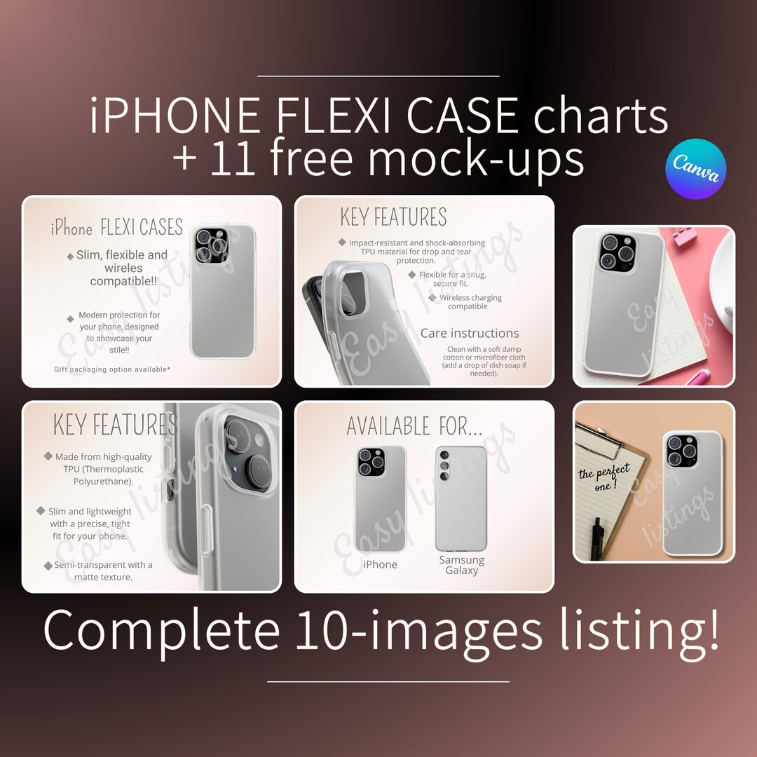 Phone Flexi Case Mockup, Editable Sizing Chart, Seller Time Saver Mock ...