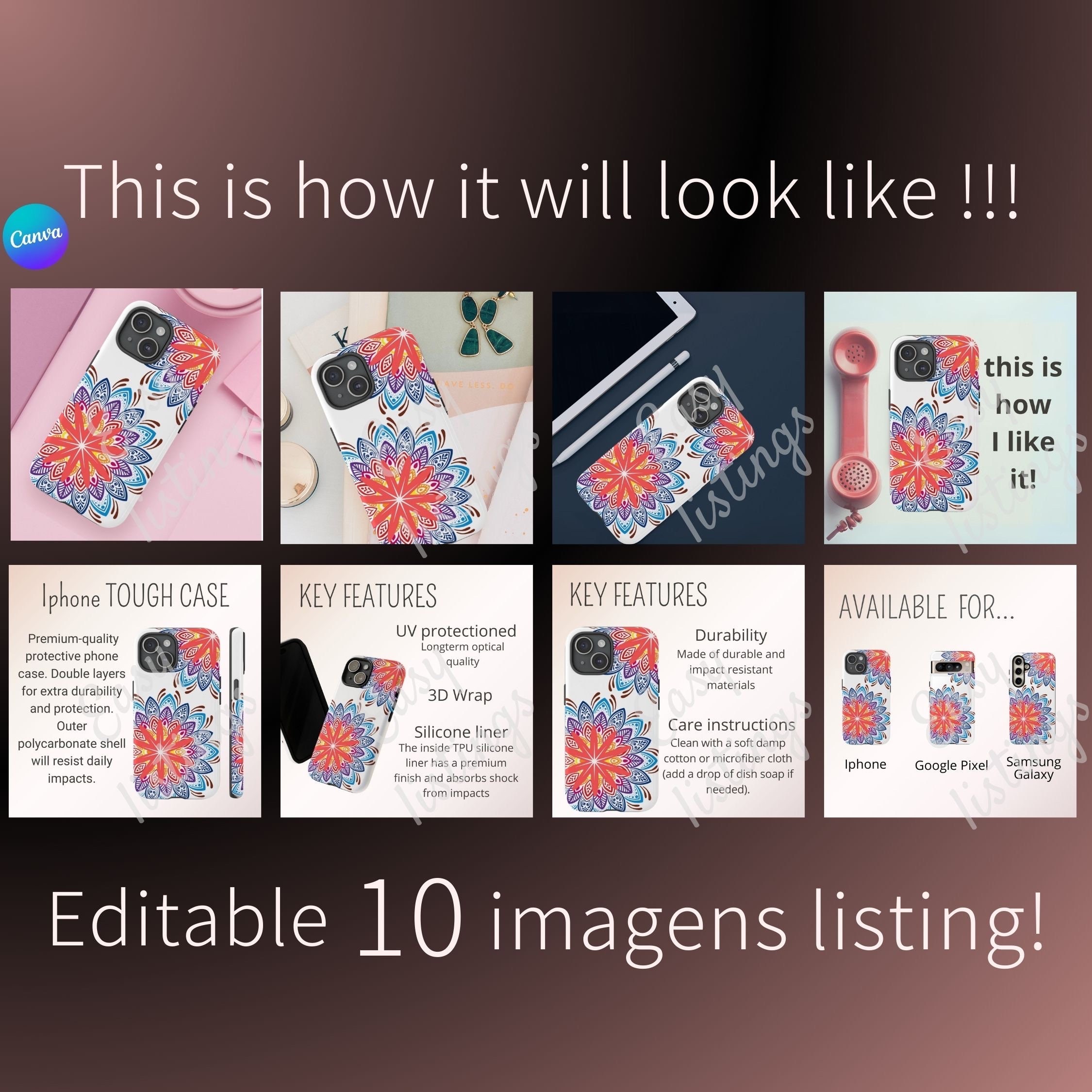 Phone Tough Case Mockup, Editable Sizing Chart, Seller Time Saver Mock ...