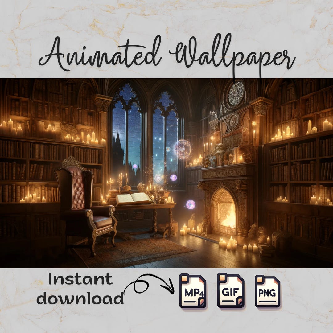 Animated Wallpaper, Cozy Library With Floating Candles, Fantasy Digital ...