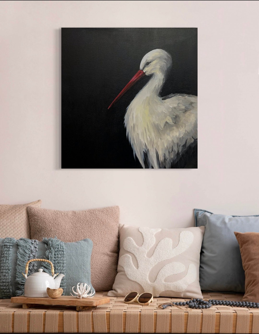 White Stork Drawing on Black, Bird Art Print, Hand Drawn Picture ...
