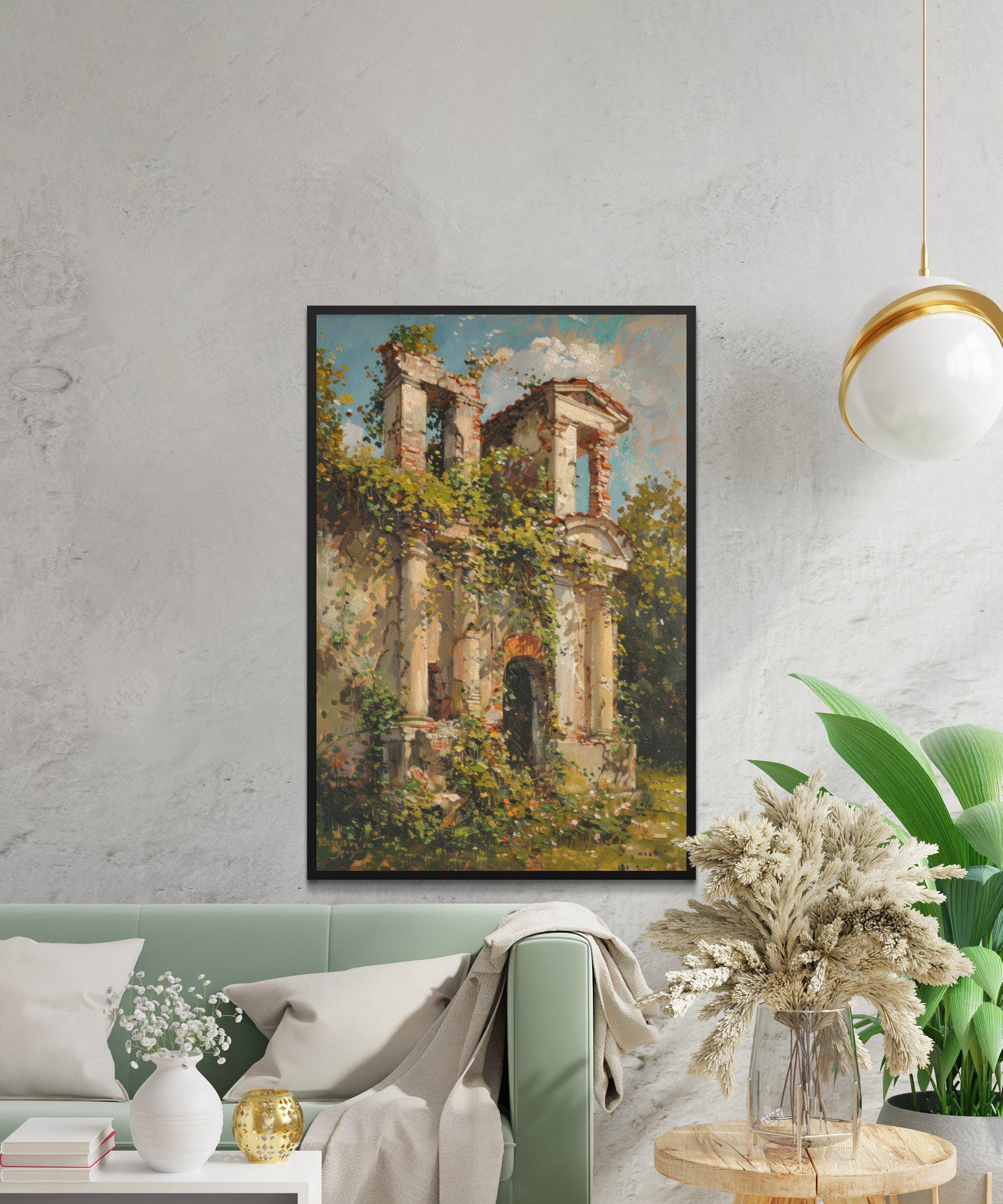 Vintage Ruins Wall Art, Overgrown Building Print, Rustic Decor Poster ...