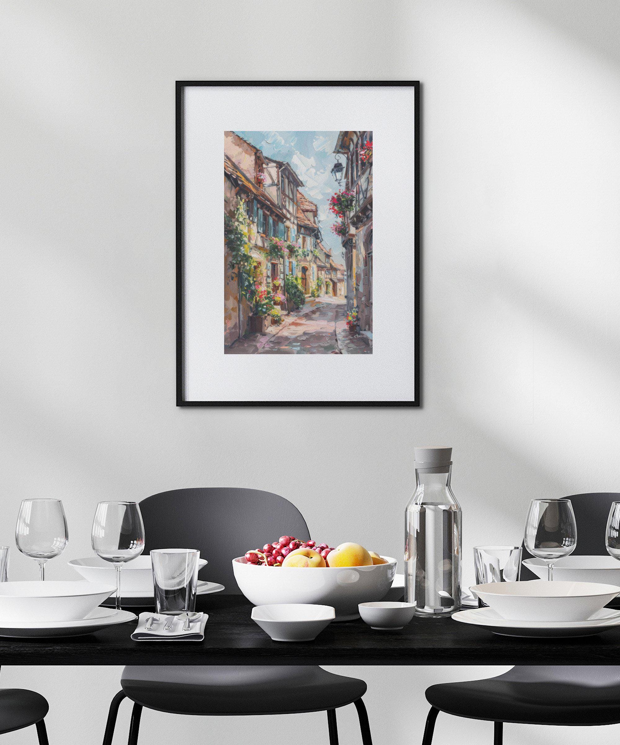 Charming European Street Scene Print, Vibrant Wall Art for Living Room ...