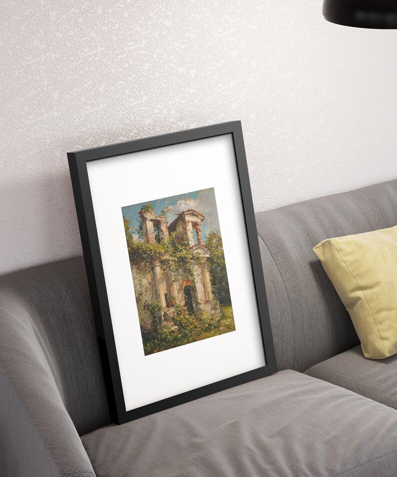 Vintage Ruins Wall Art, Overgrown Building Print, Rustic Decor Poster ...