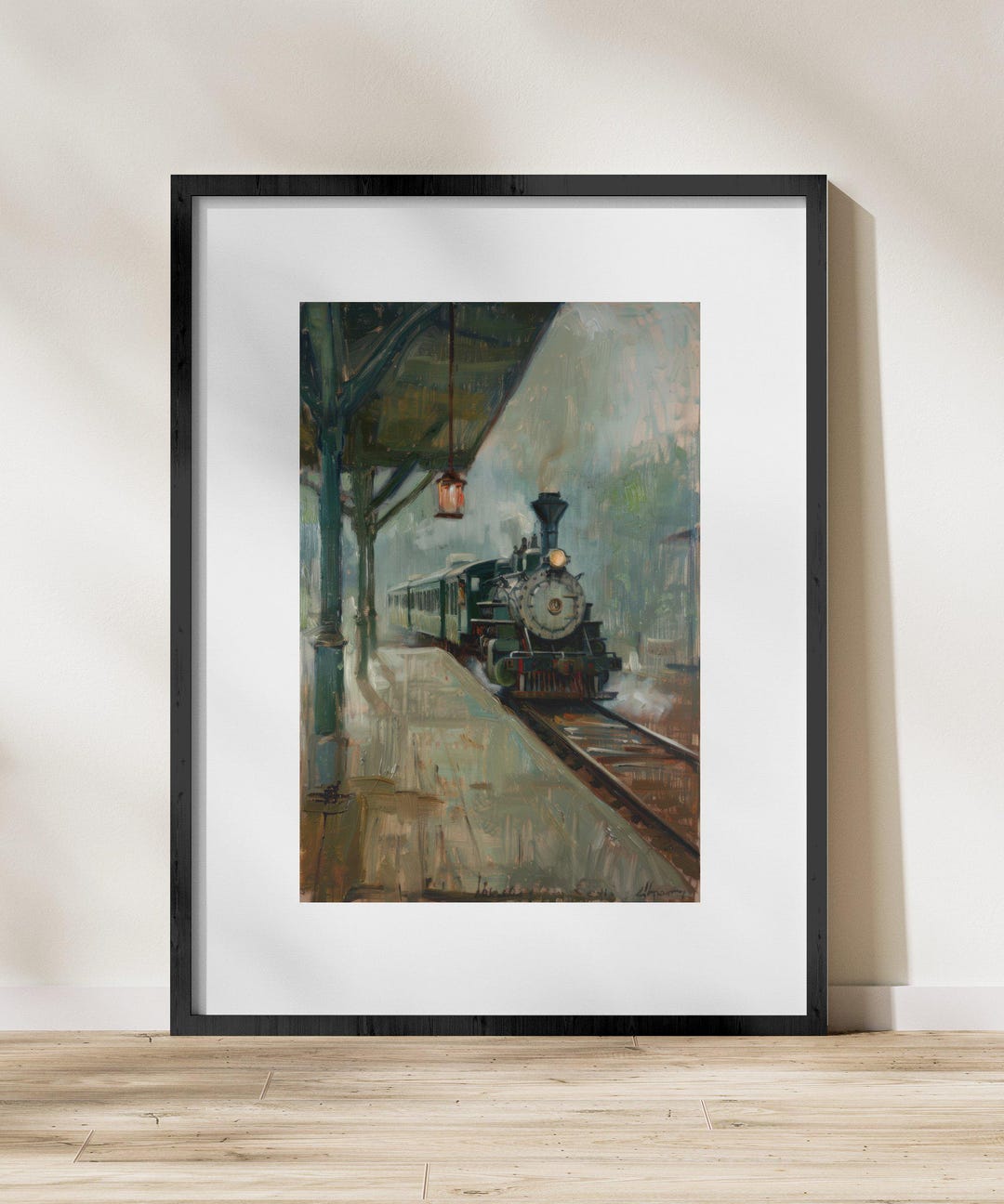 Vintage Train Wall Art, Antique Locomotive Painting, Retro Rail Station ...