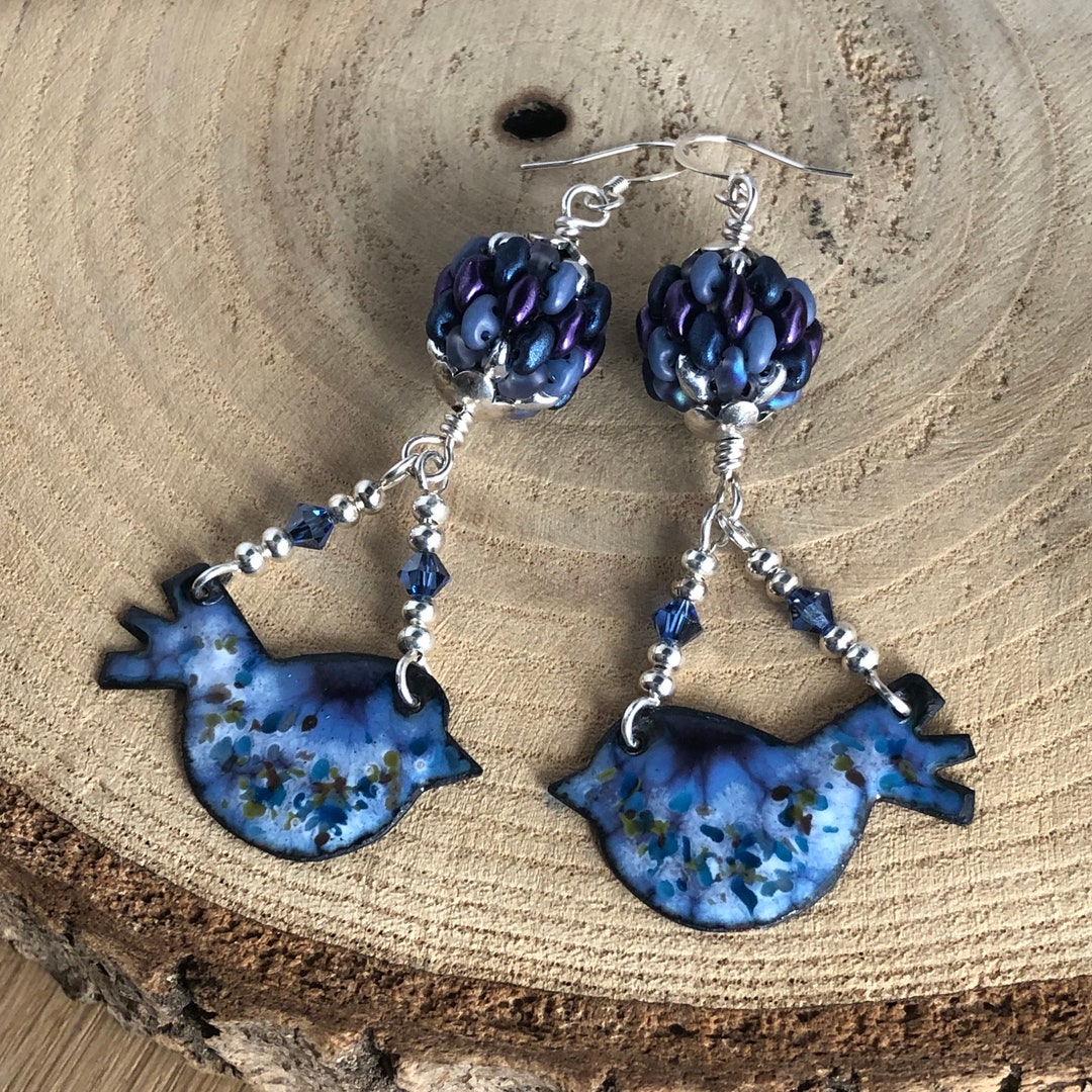 Beaded Blue Bird, Exclusive Designer Earrings, OOAK, Unique, Sterling ...
