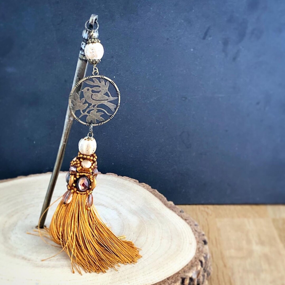 Ocre Yellow Nightingale Silk Tassel Hair Stick, Beaded Hair Accessory ...