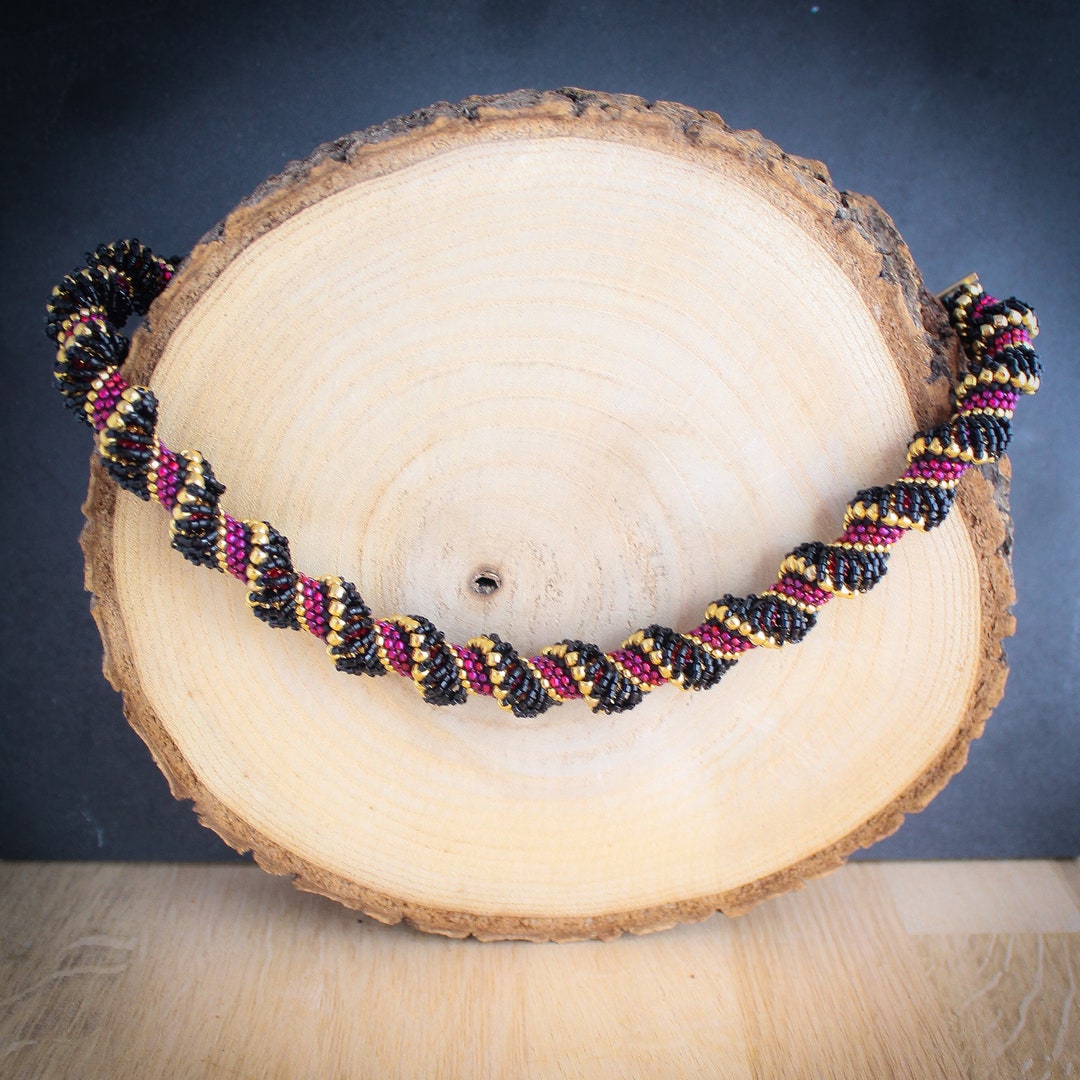Beaded Spiral Helix, 24K Gold, Red & Black Twist, Elegant Evening Wear ...