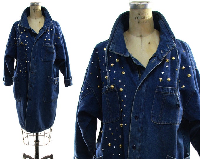 80s Studded Denim Trench Coat Vintage Dark Wash Jeans Jacket With ...